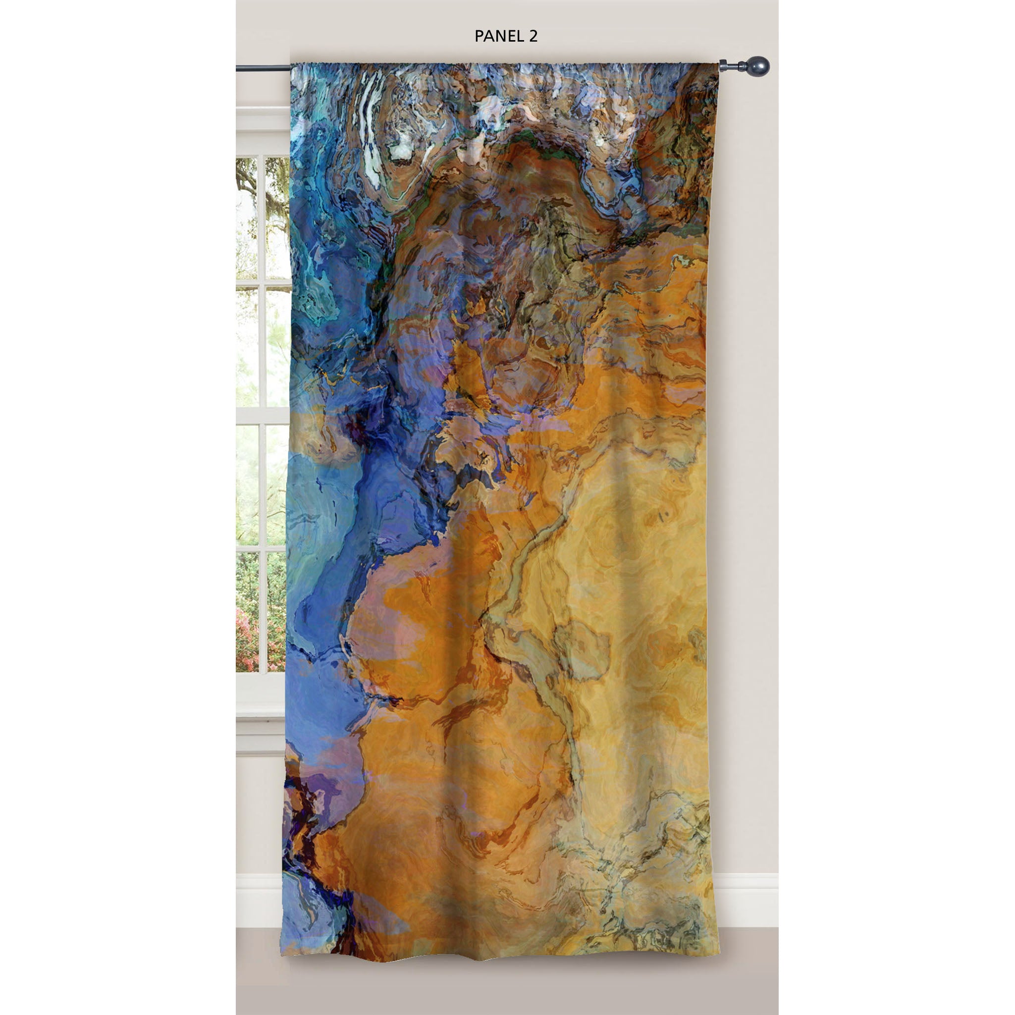 Abstract art window curtains 50"x84" panels in dark orange, aqua, blue ...