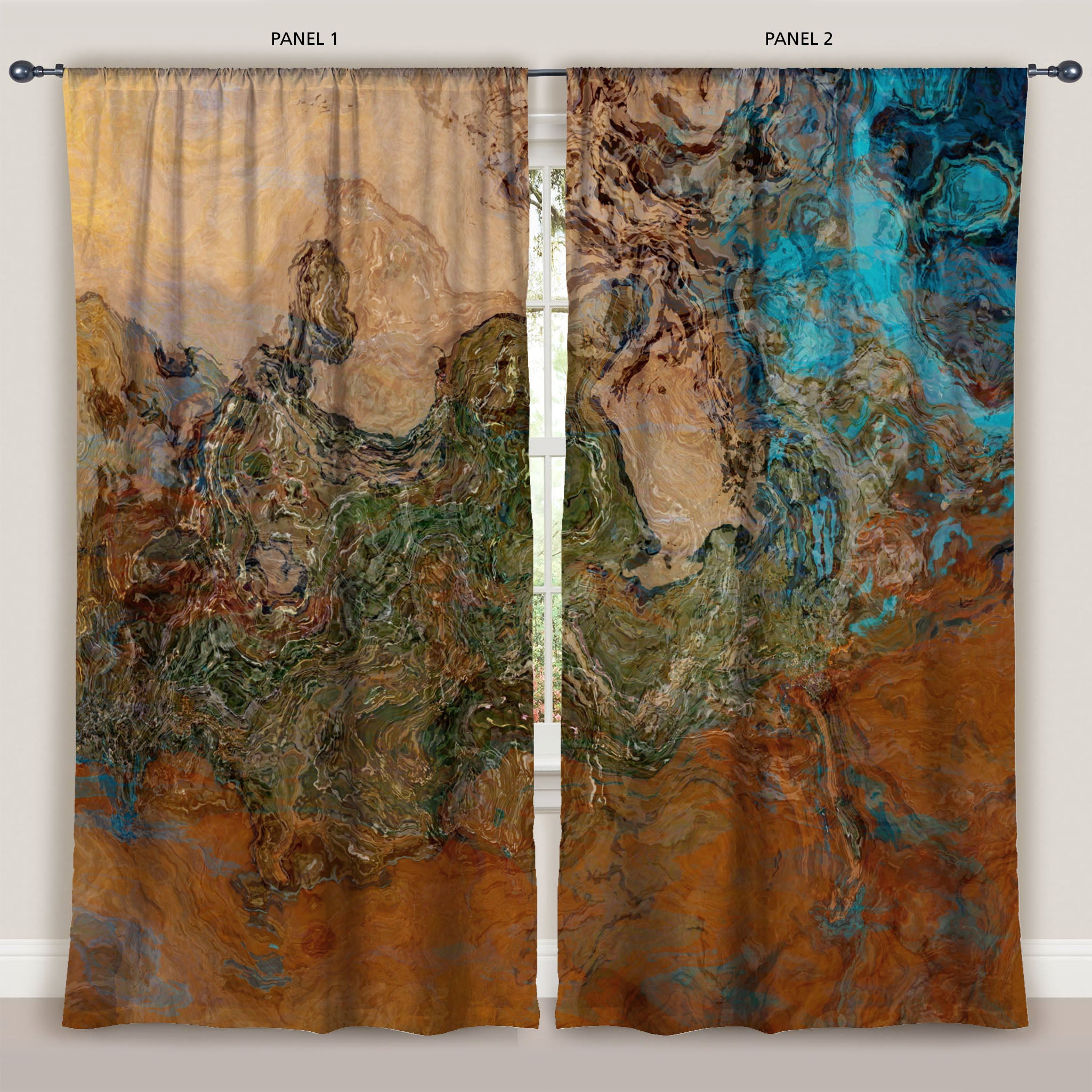 Abstract art window curtains 50"x84" panels in red-orange, turquoise ...