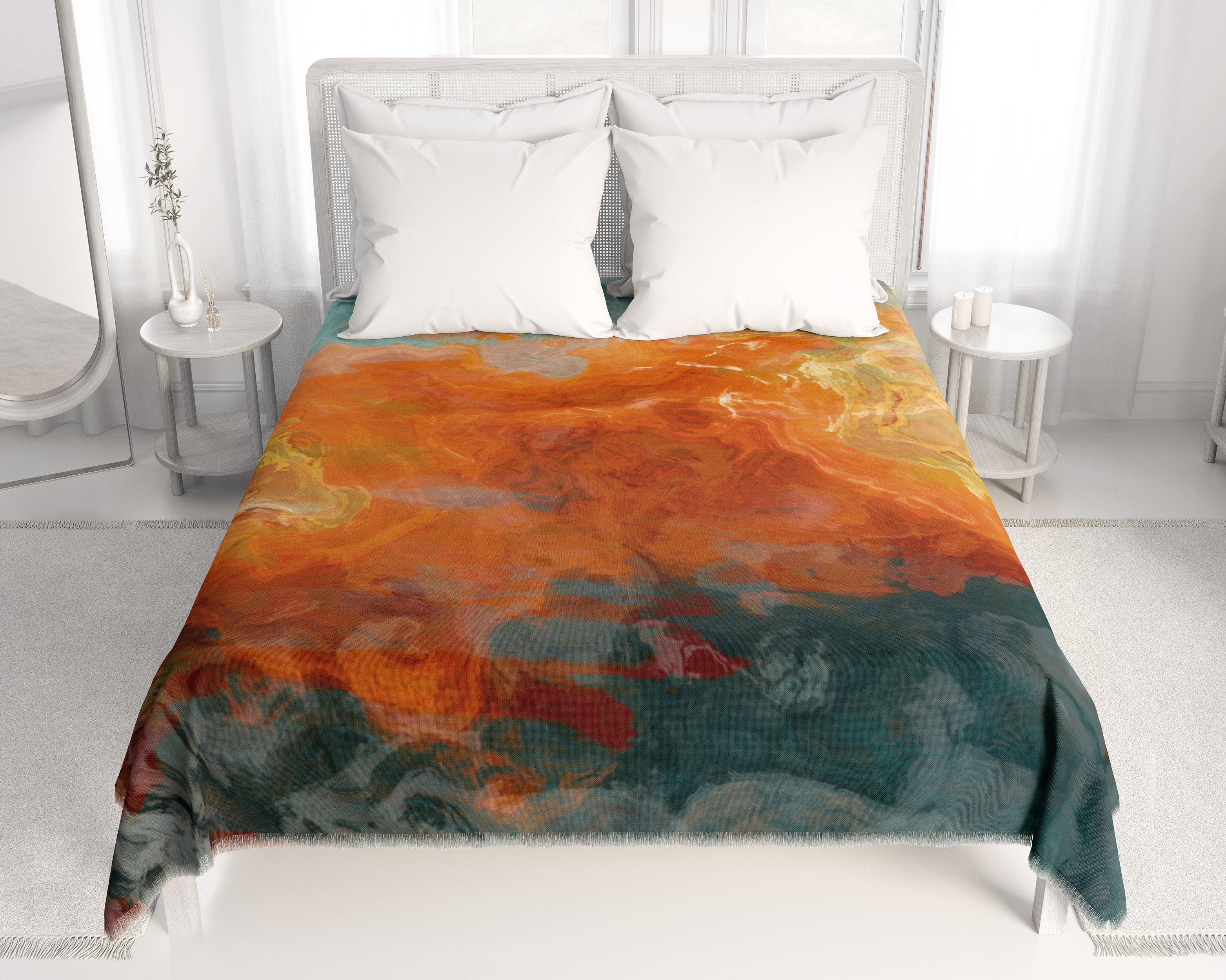 Abstract Art Coverlet, Fringed Woven Blanket, Contemporary Bedspread ...