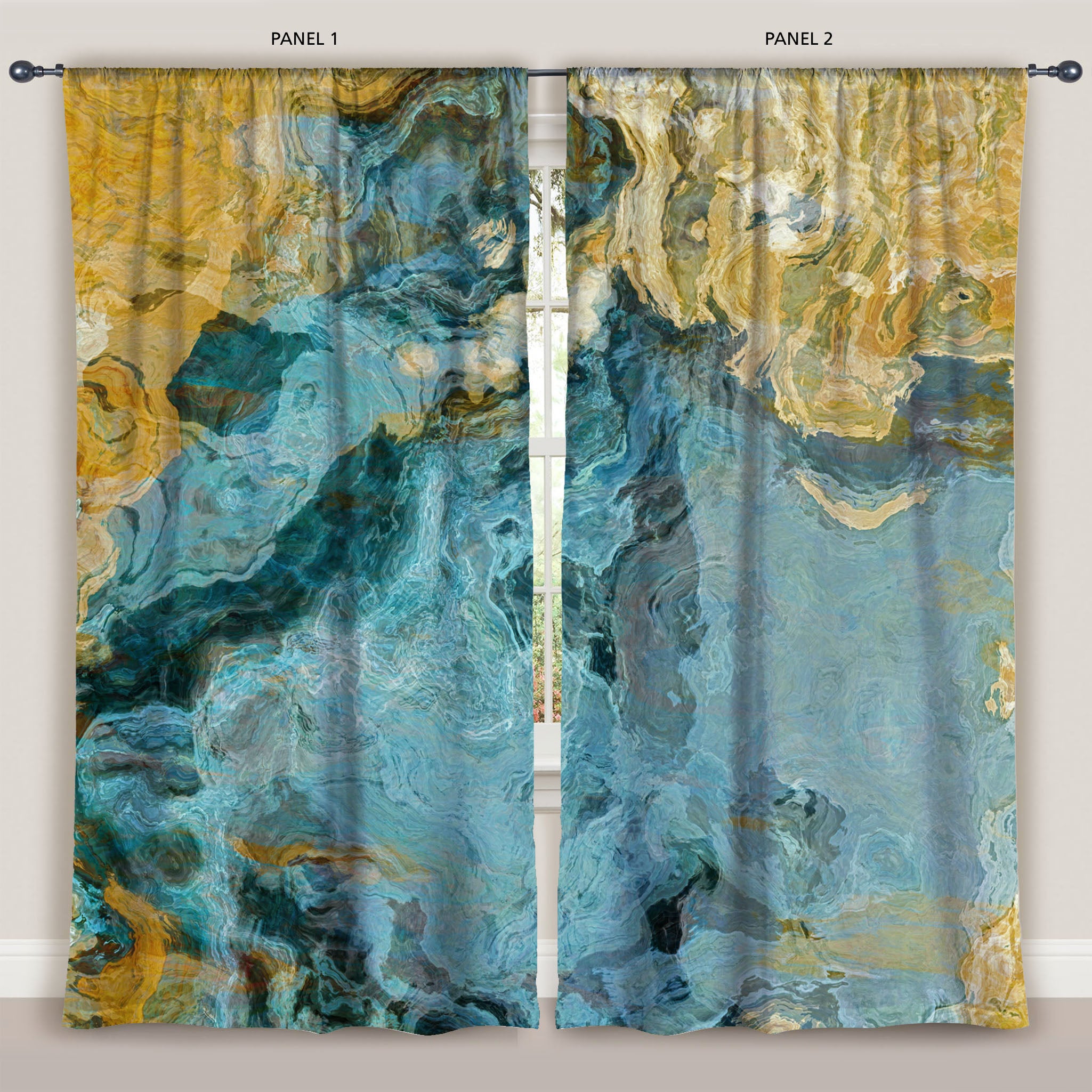 Abstract art window curtains 50"x84" panels in aqua, yellow and tan ...
